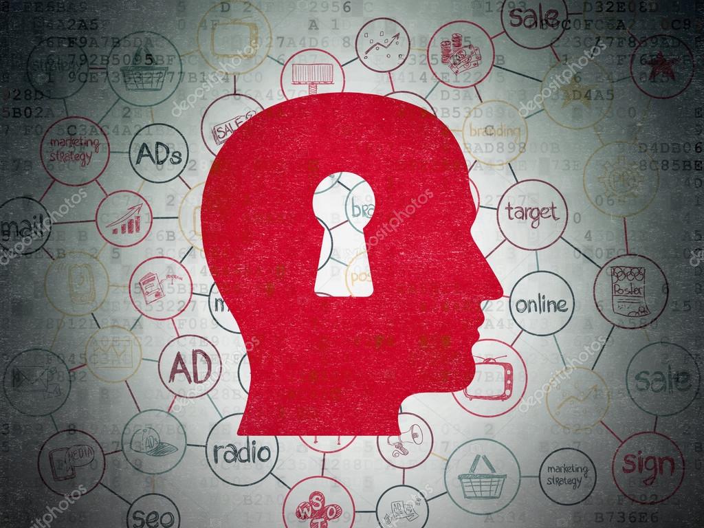 Marketing concept: Head With Keyhole on Digital Paper background ...