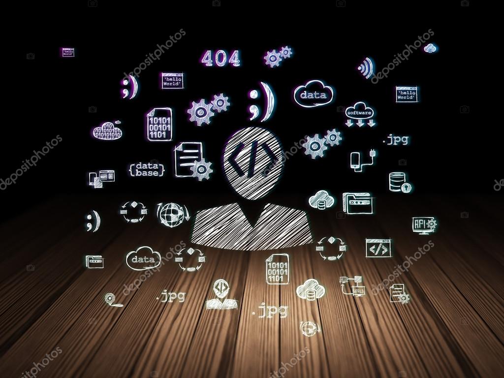 Database concept: Programmer in grunge dark room — Stock Photo ...