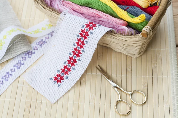 Sewing and ambroidery craft kit, embroidery thread in basket and other ...