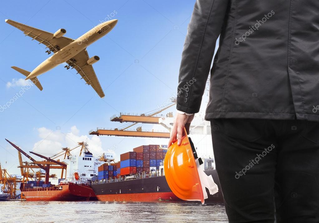 Working man and commercial ship on port and air cargo plane flyi ...