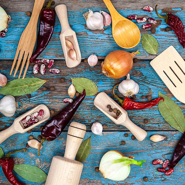 Vegetables, spices and set of kitchen utensils. - Stock Image - Everypixel