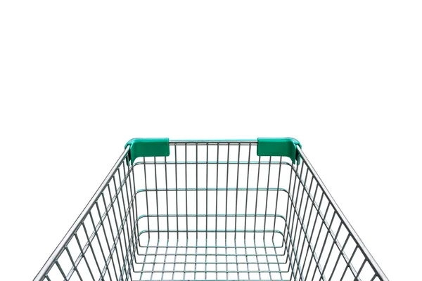 Wide angle image of shopping cart rear view on white isolated ba ...