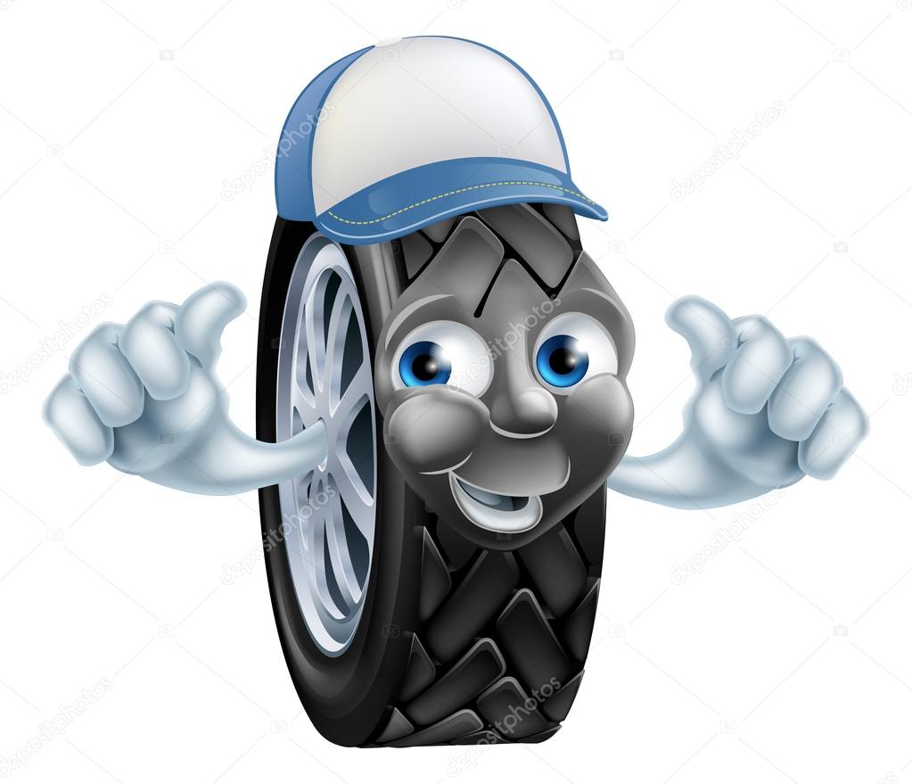 Neumático mecánico de dibujos animados dando pulgares hacia arriba ...