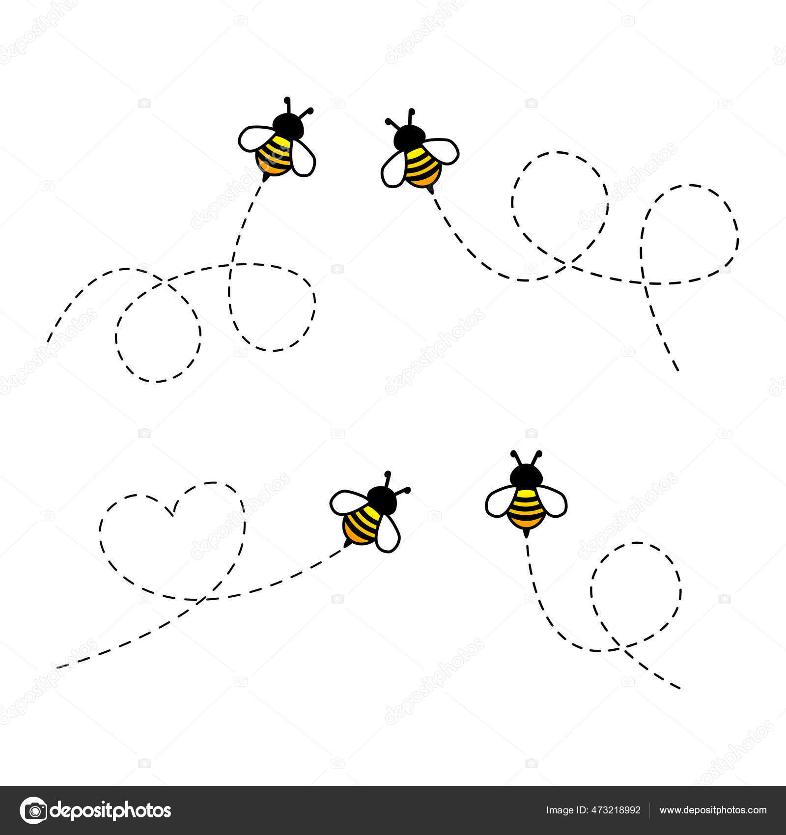 Cute Bees Dotted Line Route Set Vector Illustration Isolated White ...