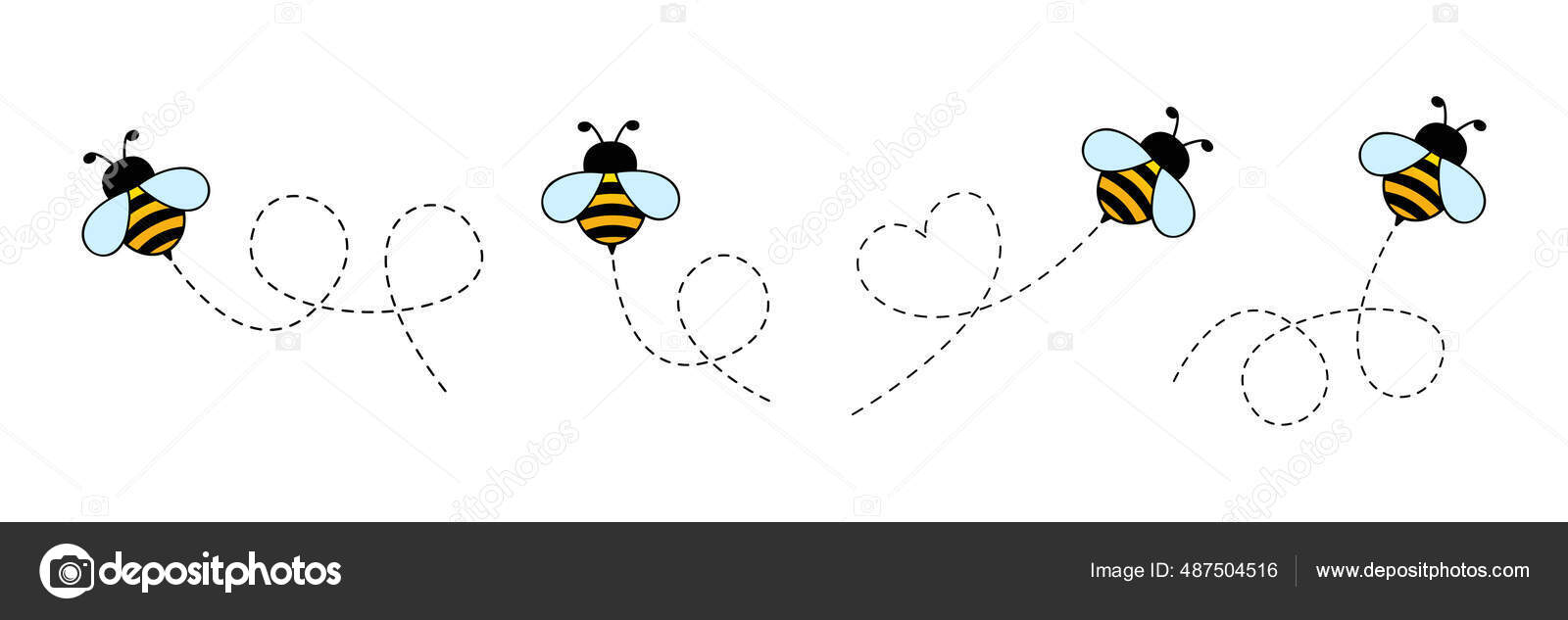 Cute Bee Icon Set Bees Flying Dotted Route Collection Isolated Stock ...