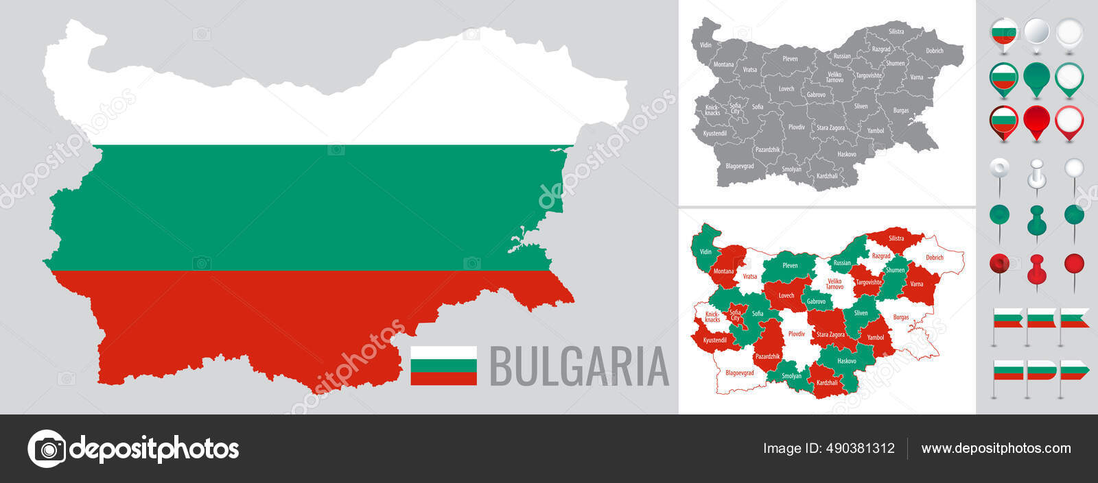 Bulgarien Vektorkarte Mit Flagge Globus Und Symbolen Auf Weißem ...