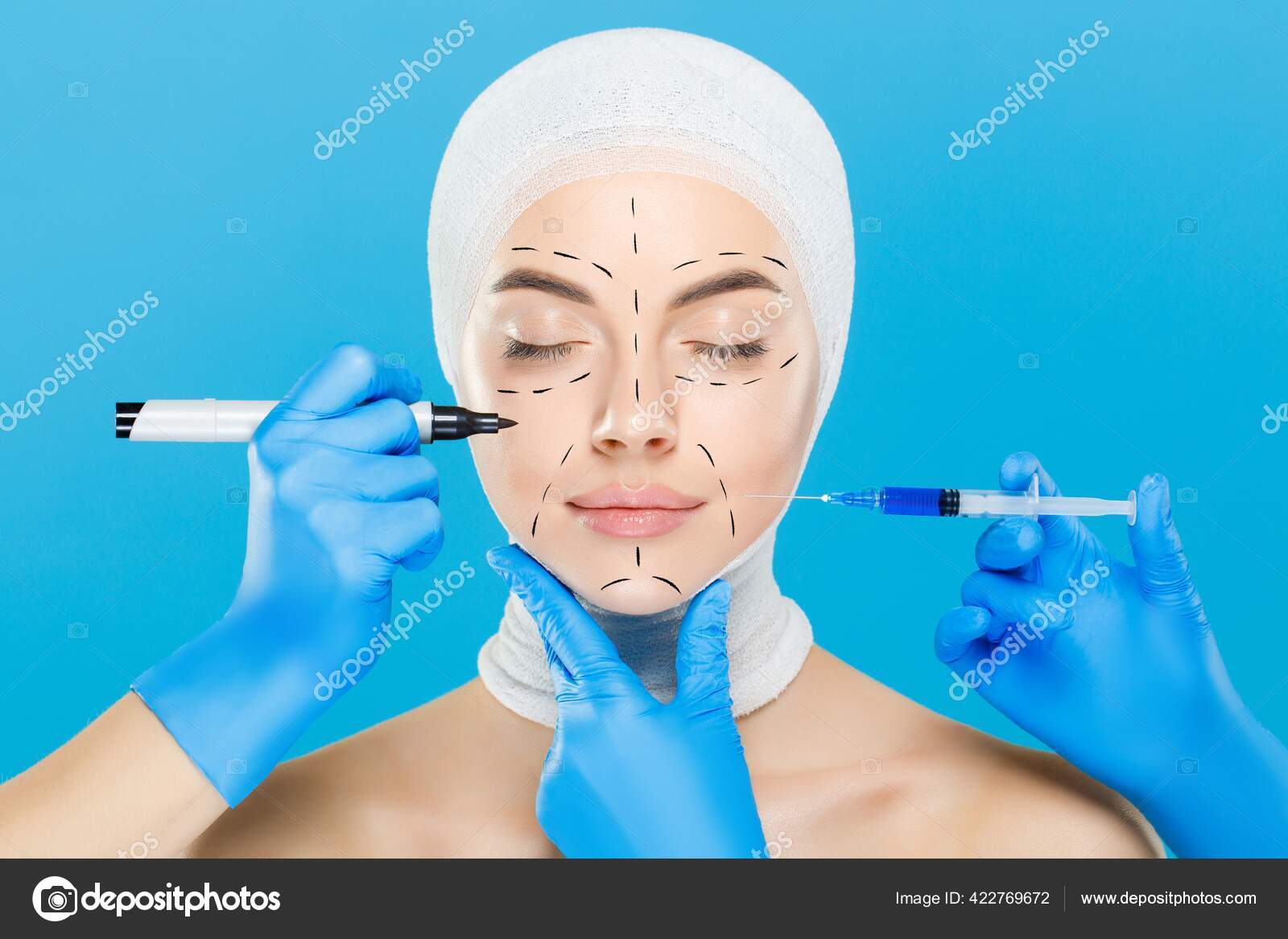 Young Woman Head Wrapped Plastic Surgery Procedure Surrounded Doctors ...