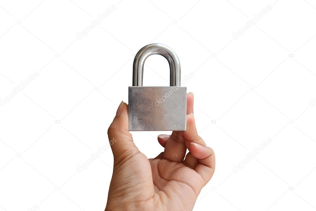 Hand holding metal lock isolated on white background - Security Stock ...