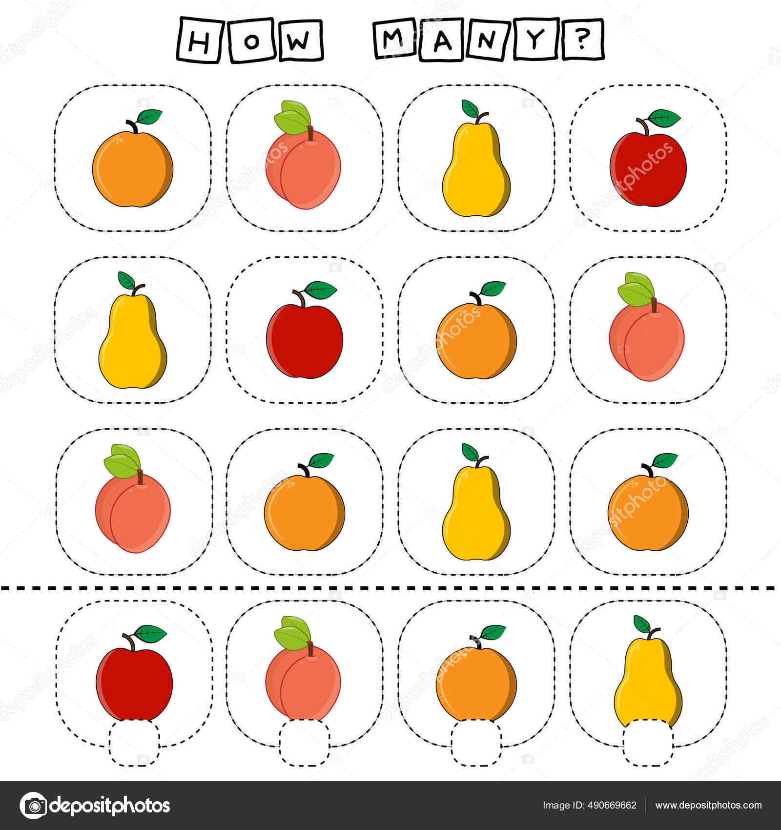 How Many Counting Game Fruites Orange Apple Peach Pear Worksheet Stock ...