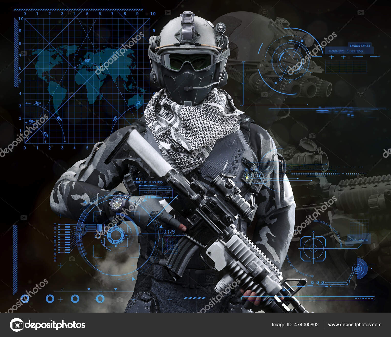 Portrait Modern Special Operation Military Soldier Equipped Battle ...
