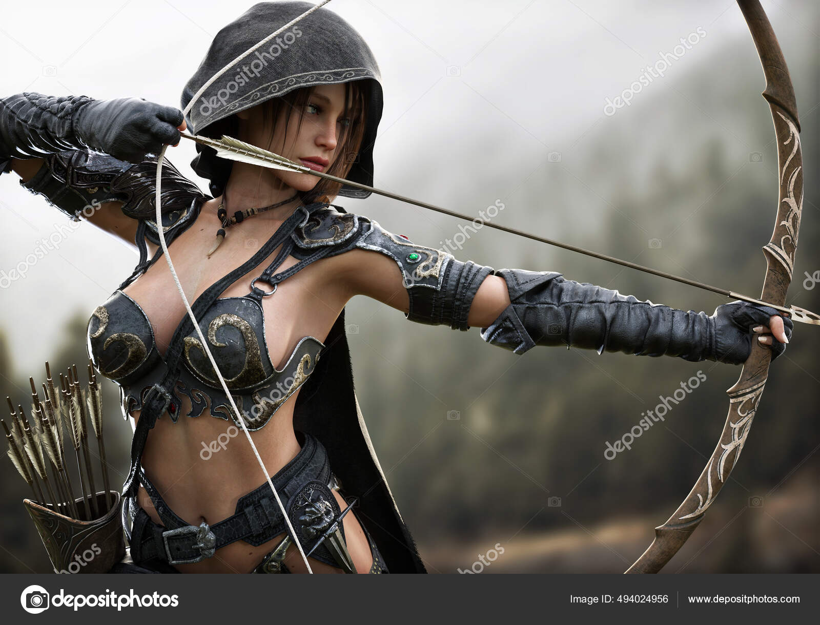 Portrait Fantasy Female Ranger Archer Aiming Her Target Distance Wearing Stock Photo by ...
