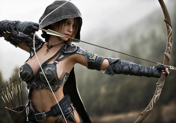 Portrait of a fantasy female Ranger archer aiming at her target from a distance wearing leather ...