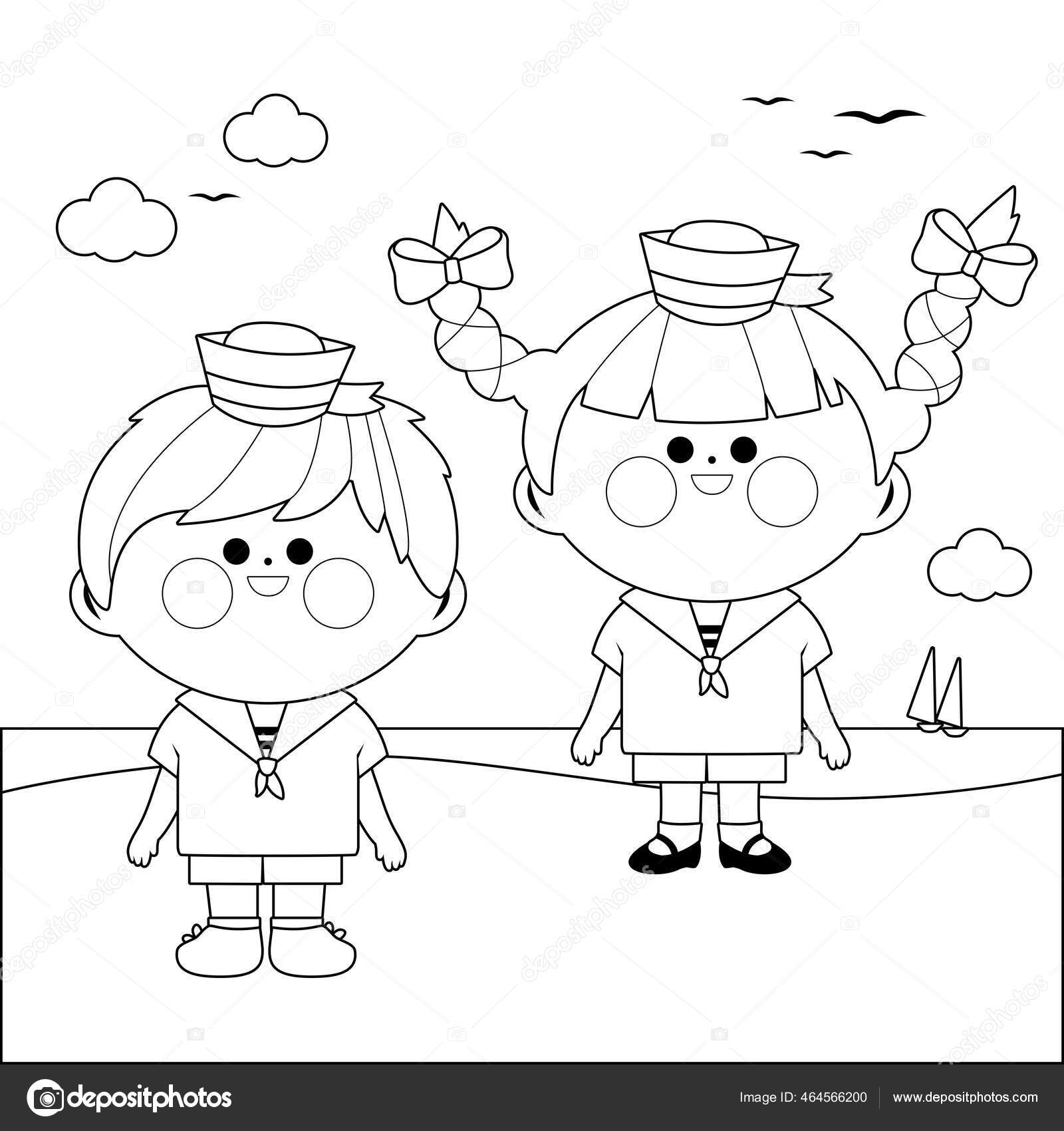 水手男孩和女孩在海滩上 矢量黑白着色页 图库矢量图©stockakia 464566200