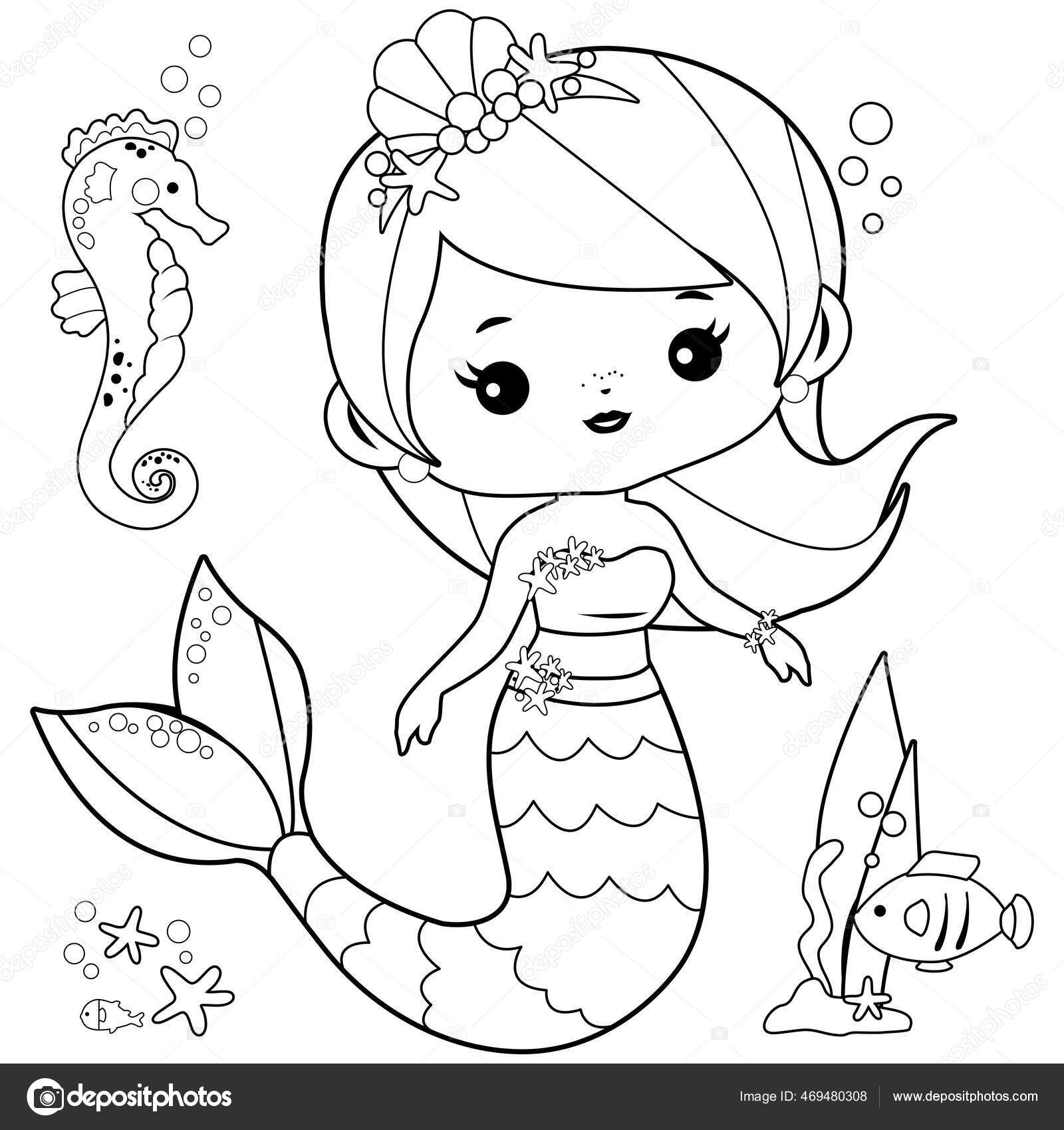 Putri Duyung Yang Cantik Dan Hewan Laut Halaman Pewarnaan Hitam Vektor ...