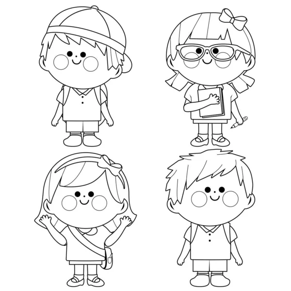 Niños Estudiantes Con Mochilas Escolares Vector Blanco Negro Para ...