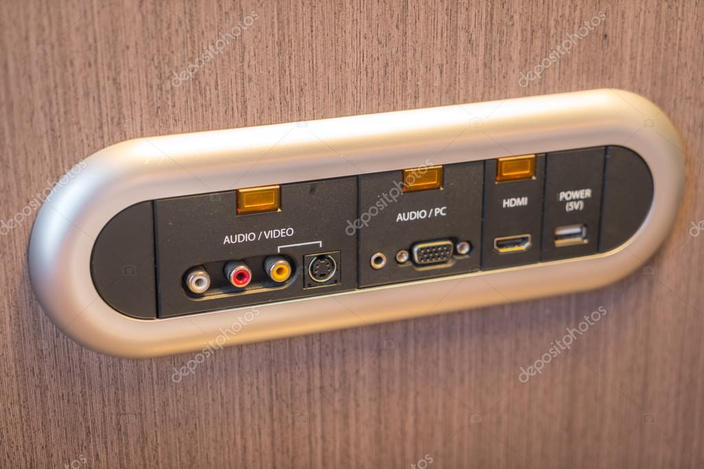 Modern TV audio video input panel on wall . Stock Photo by ...