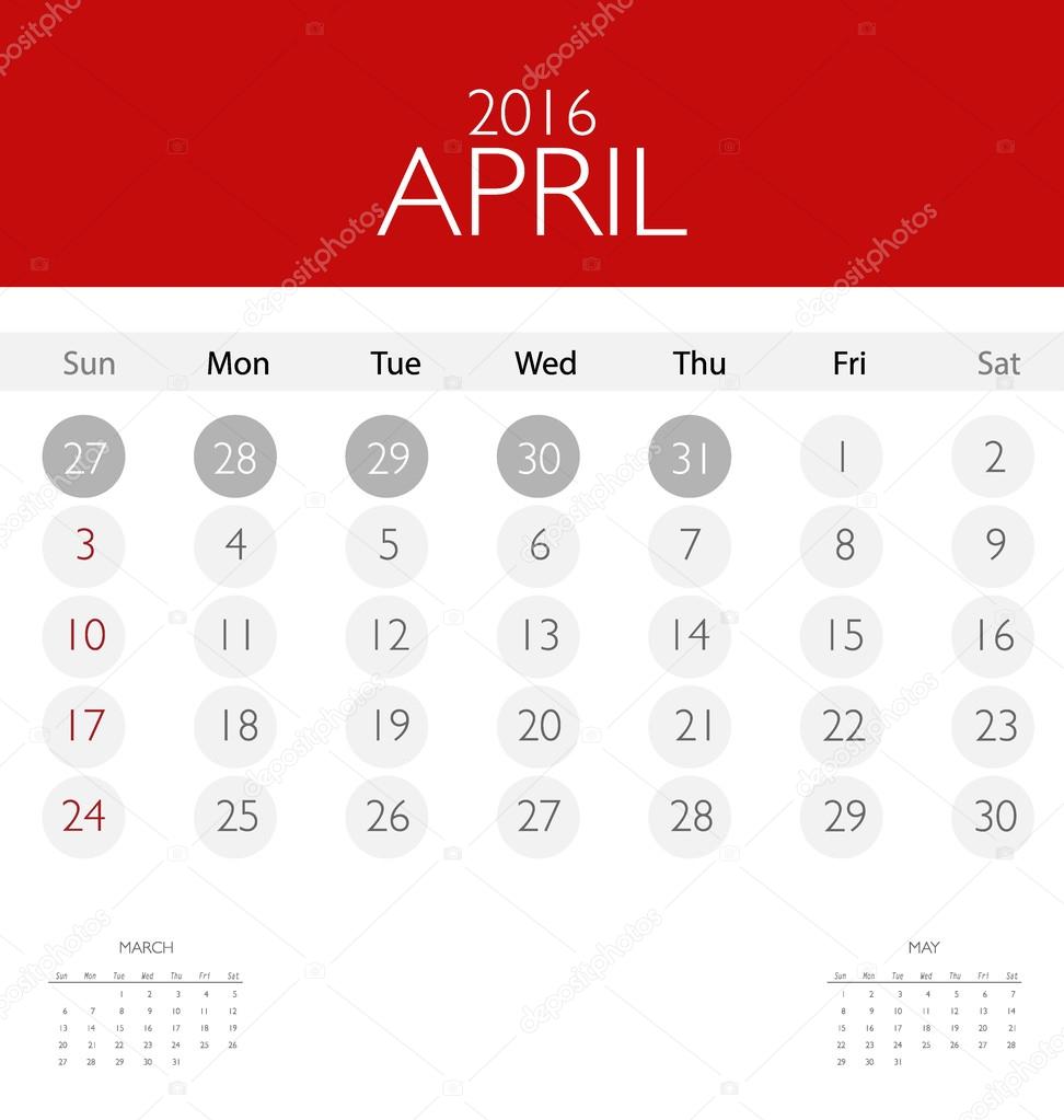 Monthly calendar for April Stock Vector by ©jannystockphoto 86962614