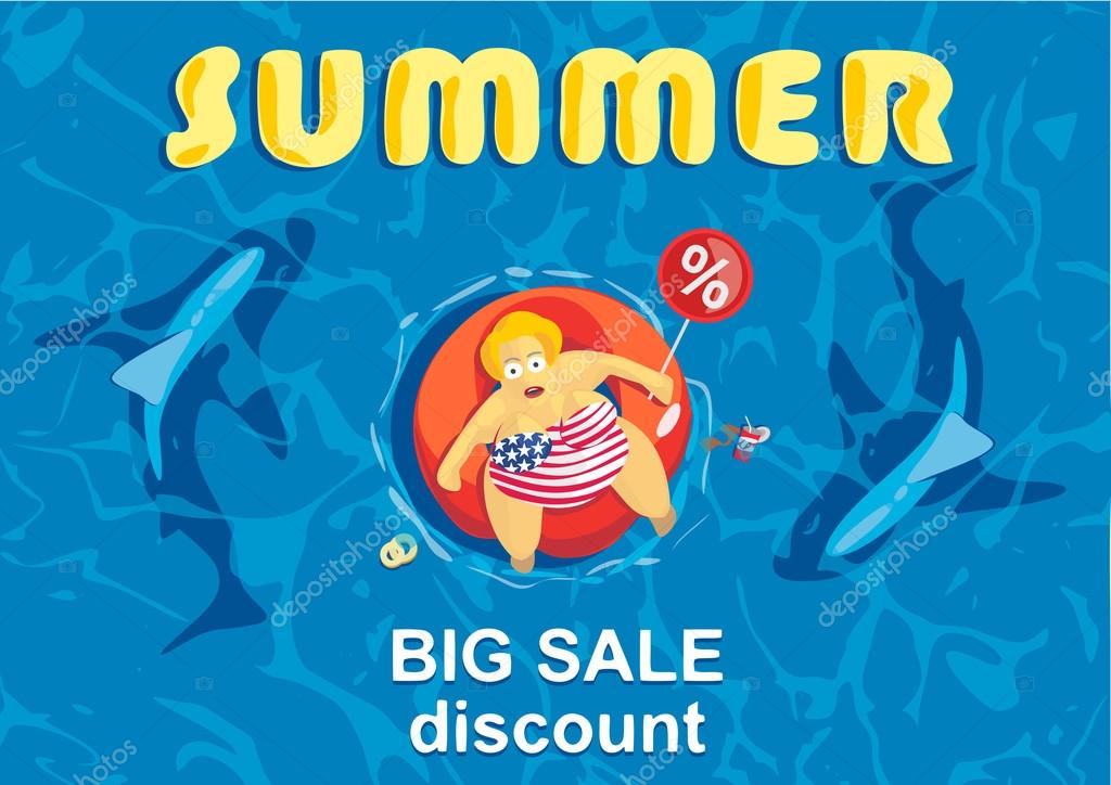 Summer big discount. Shark around a fat man on mattress Stock ...