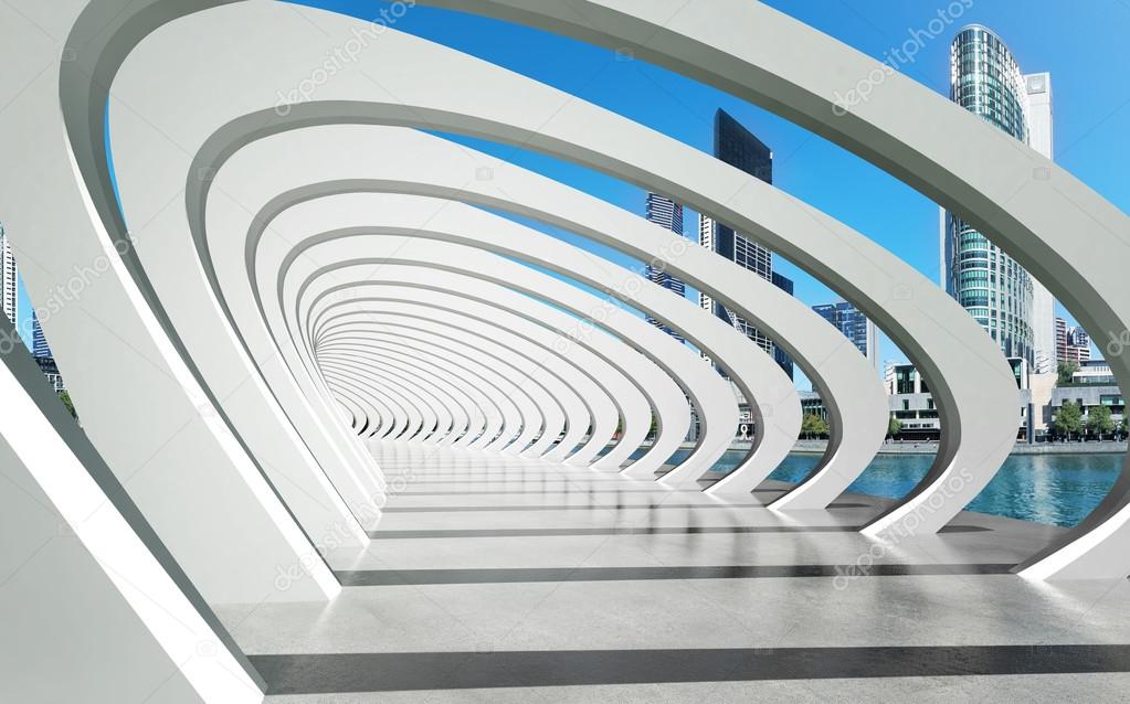Futuristic exterior structure under arcs on river Stock Photo by ...
