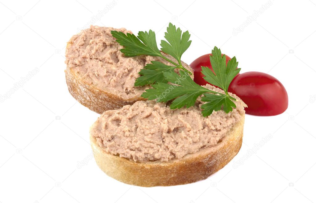 Pan con paté de pollo casero, aislado sobre fondo blanco con perejil y ...
