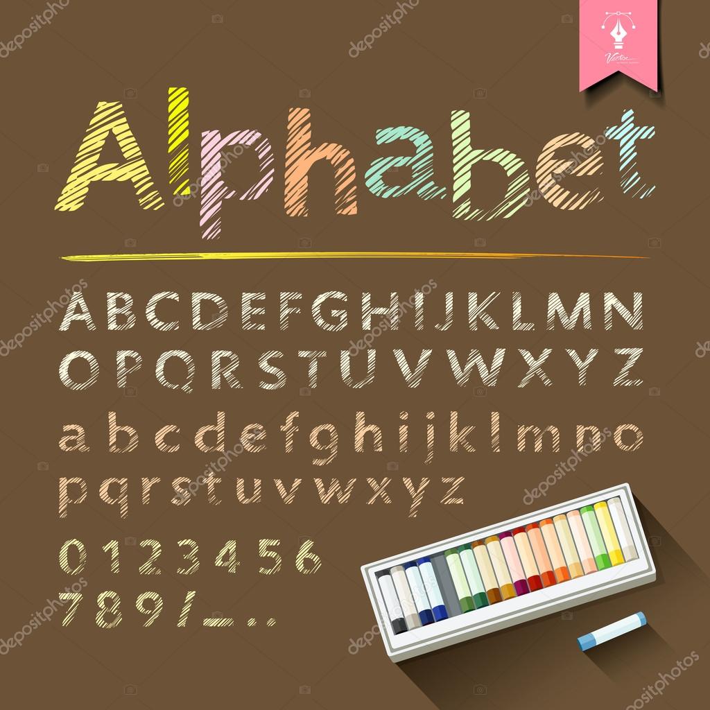 Alfabeto dibujado a mano y números con caja de color pastel 2025