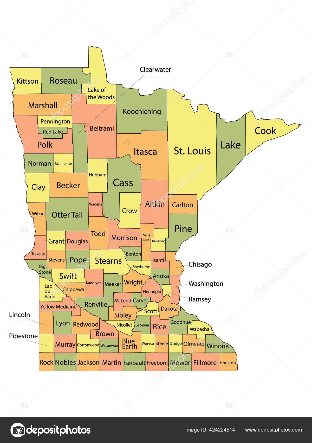 Colorful County Map Counties Names Federal State Minnesota Stock Vector ...
