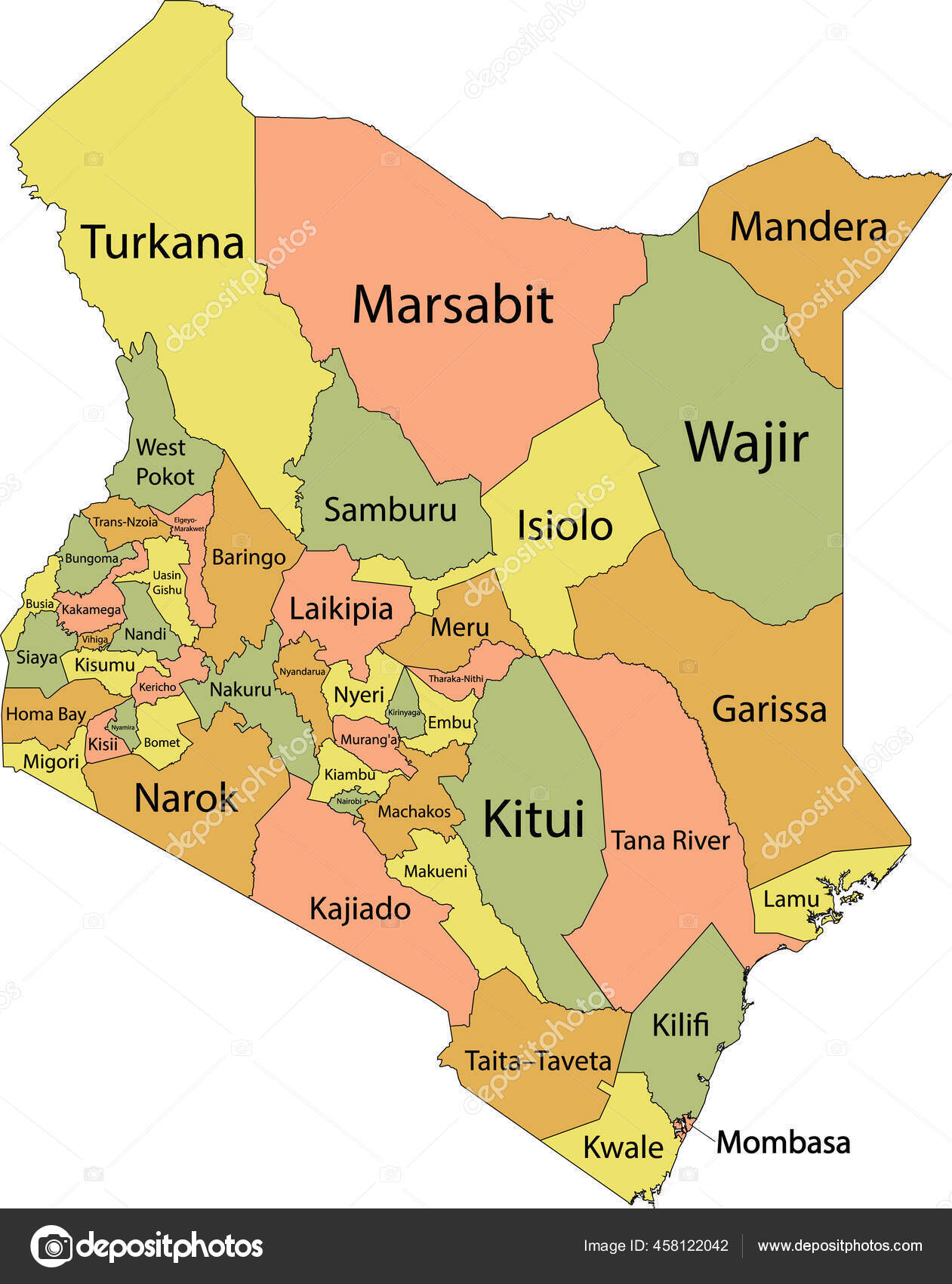 Pastel Vector Map Republic Kenya Black Borders Names Its Counties Stock ...