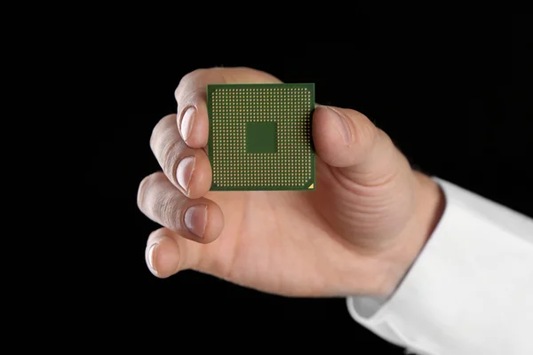 Man Holding Microprocessor His Hand White Background — Stock Photo ...