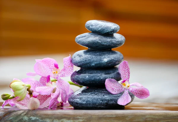 Stack of spa stones with orchids - Stock Image - Everypixel