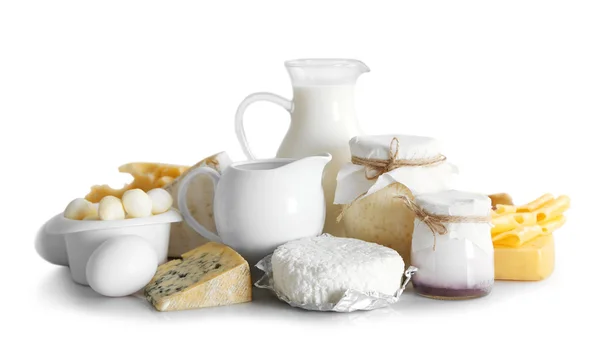 Set of fresh dairy products on wooden table, on white background Stock ...