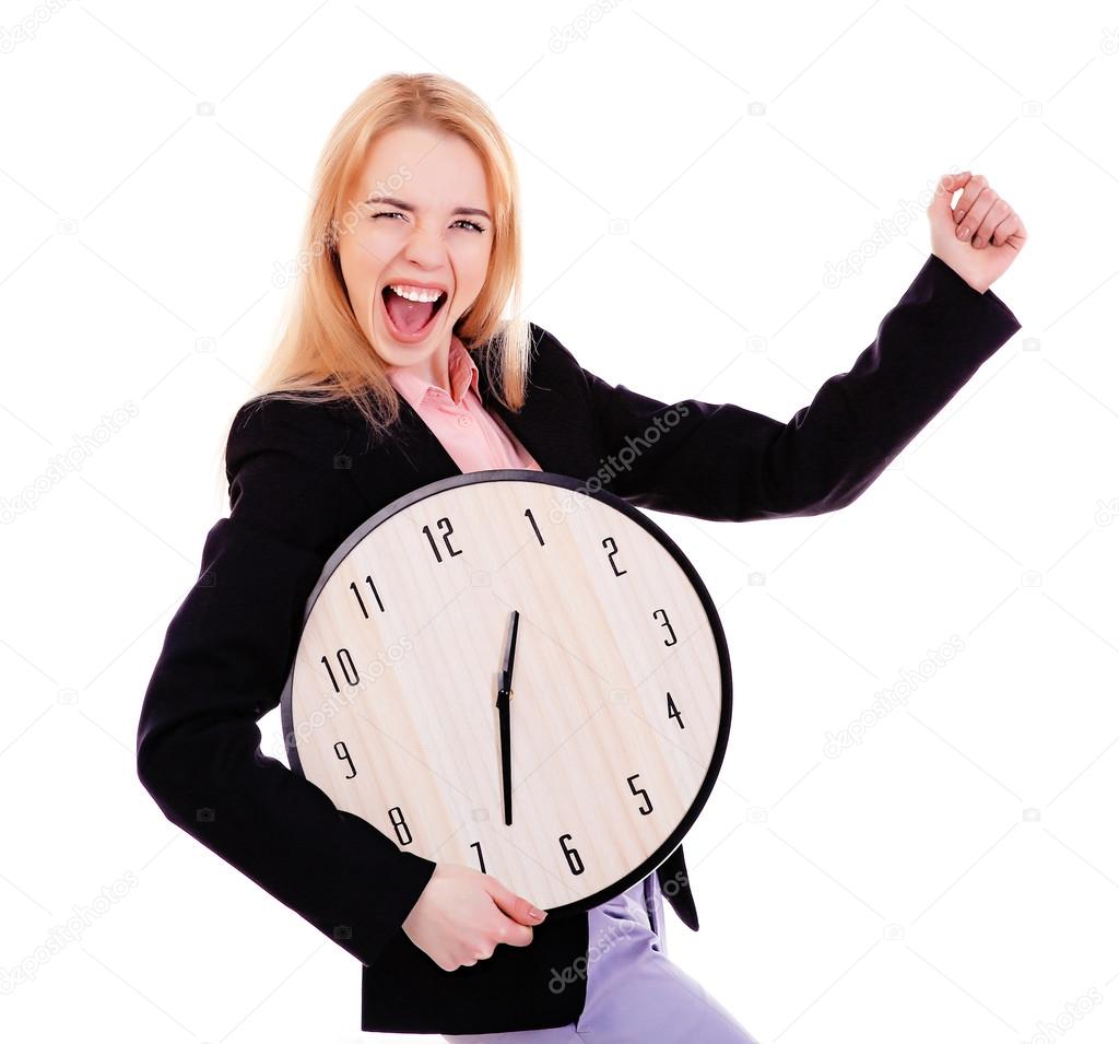 Beautiful young girl holding clock Stock Photo by ©belchonock 110538190