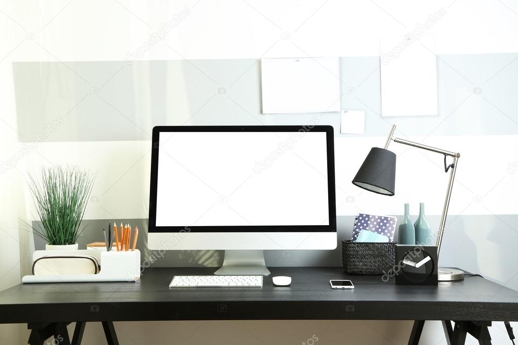 Workplace with modern computer Stock Photo by ©belchonock 110560606