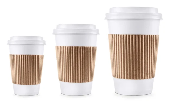 Three different size paper cups for coffee with plastic caps on — Stock ...