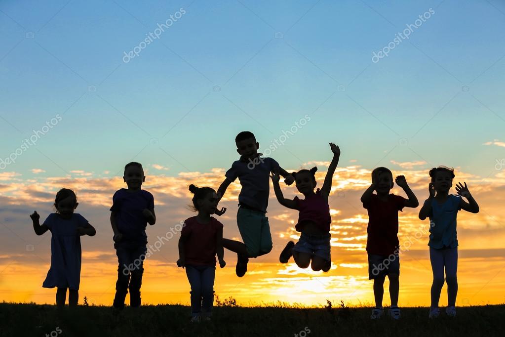 Happy Kids Silhouettes Sunset Background Stock Photo by ©belchonock ...