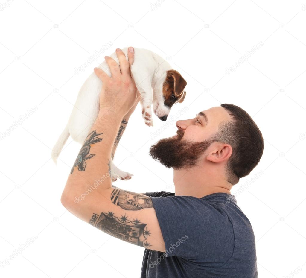Handsome man with cute dog, isolated on white — Stock Photo ...