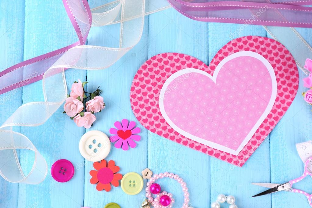 Scrapbooking craft materials on color wooden background Stock Photo by ...