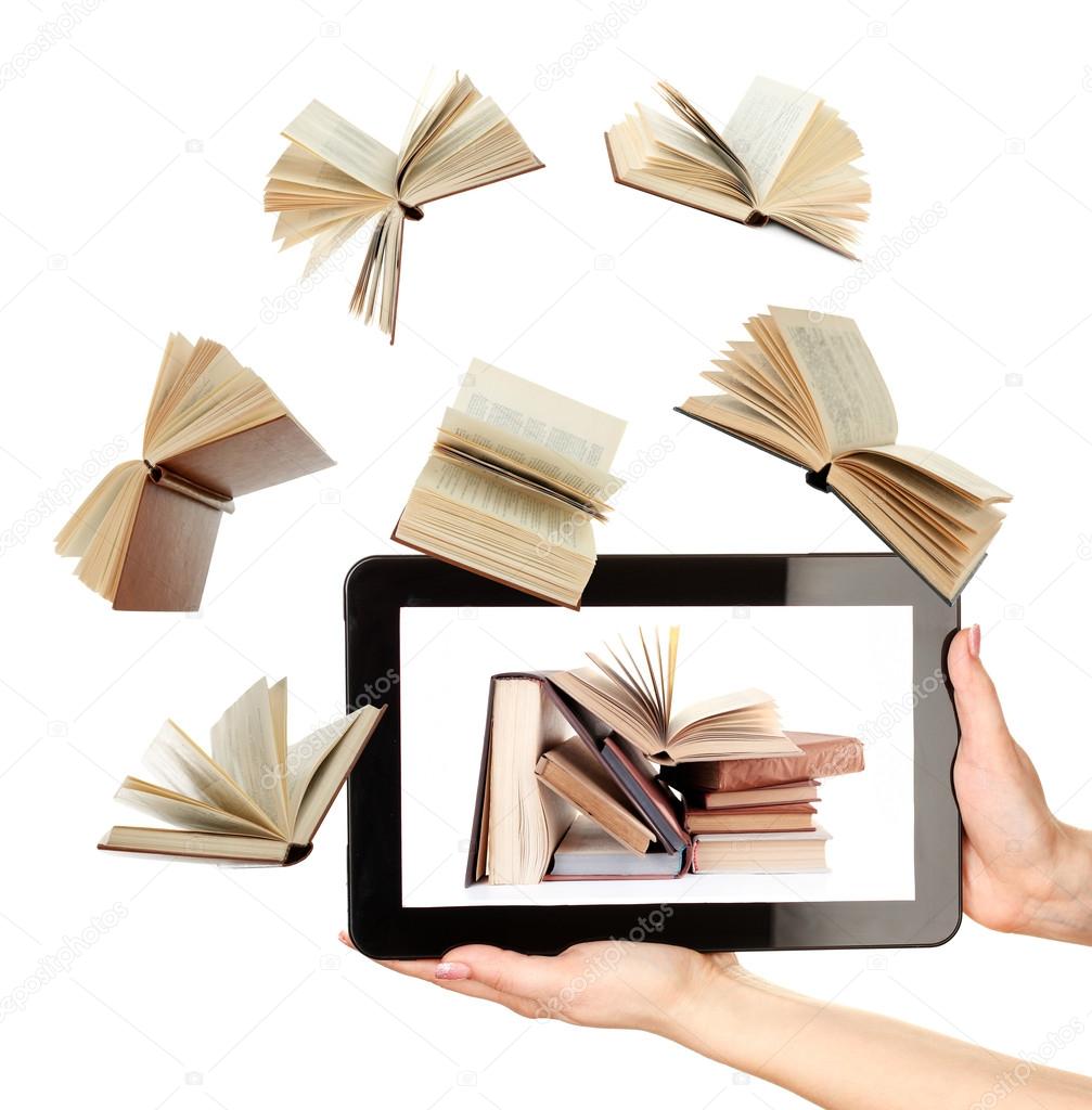 Books flying in tablet — Stock Photo © belchonock #54623701