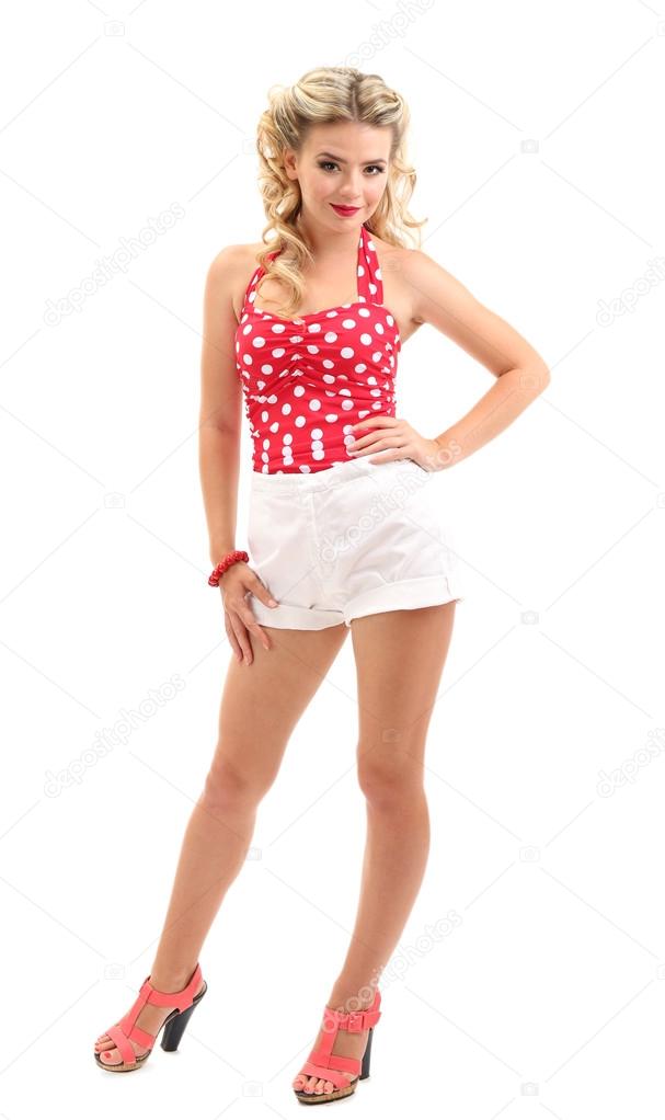 Beautiful girl with pretty smile in pinup style, isolated on white ...