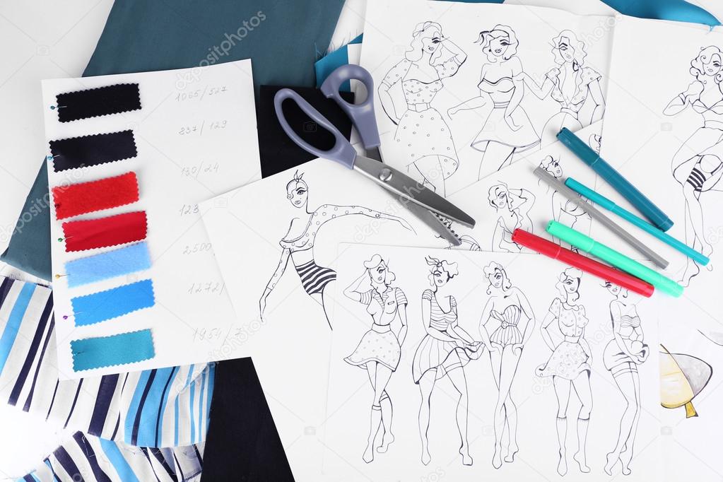 Sketches of clothes and fabric samples — Stock Photo © belchonock #55327633