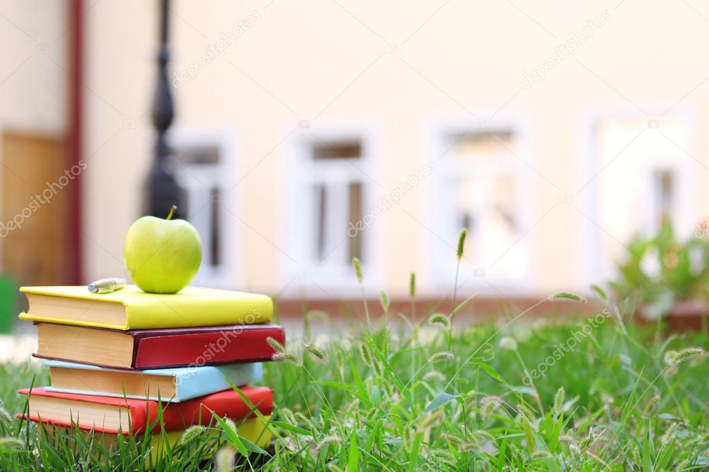 Stacked books in grass, outside Stock Photo by ©belchonock 57434493