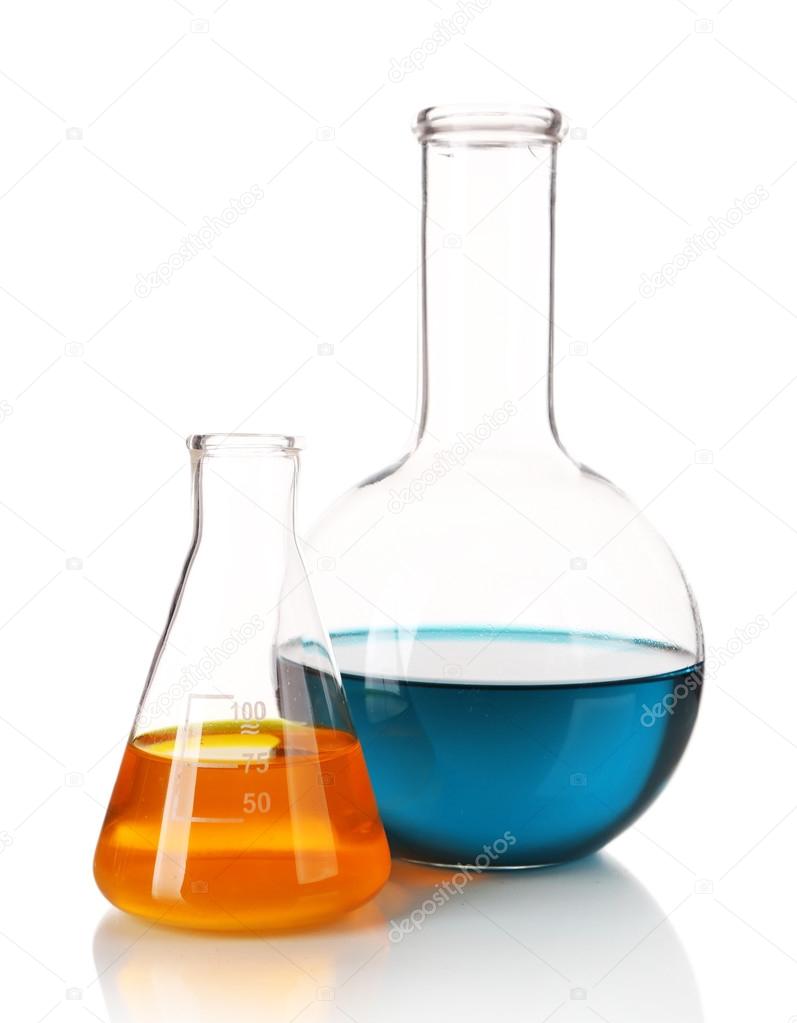 Two flasks with blue and orange fluid isolated on white — Stock Photo ...
