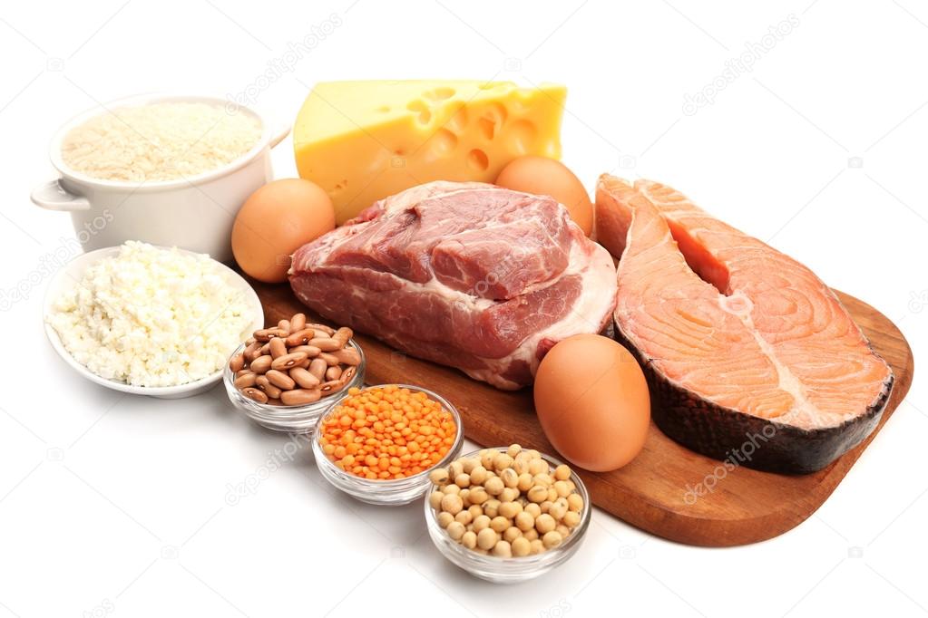 Food high in protein isolated on white — Stock Photo © belchonock #63132525