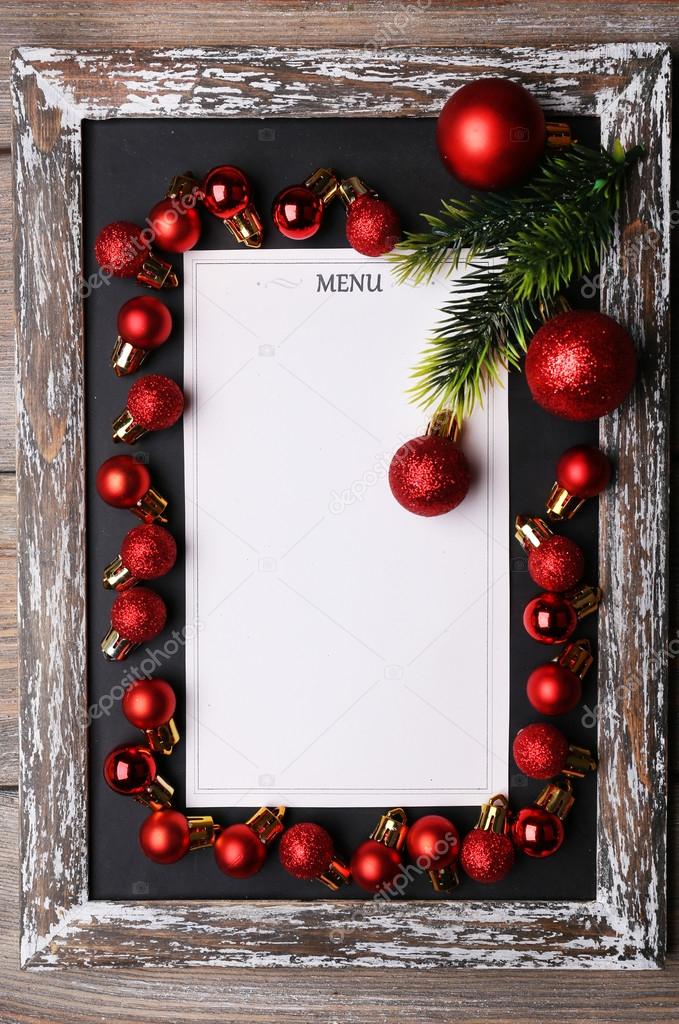 Menu board with Christmas decoration on wooden planks background Stock ...