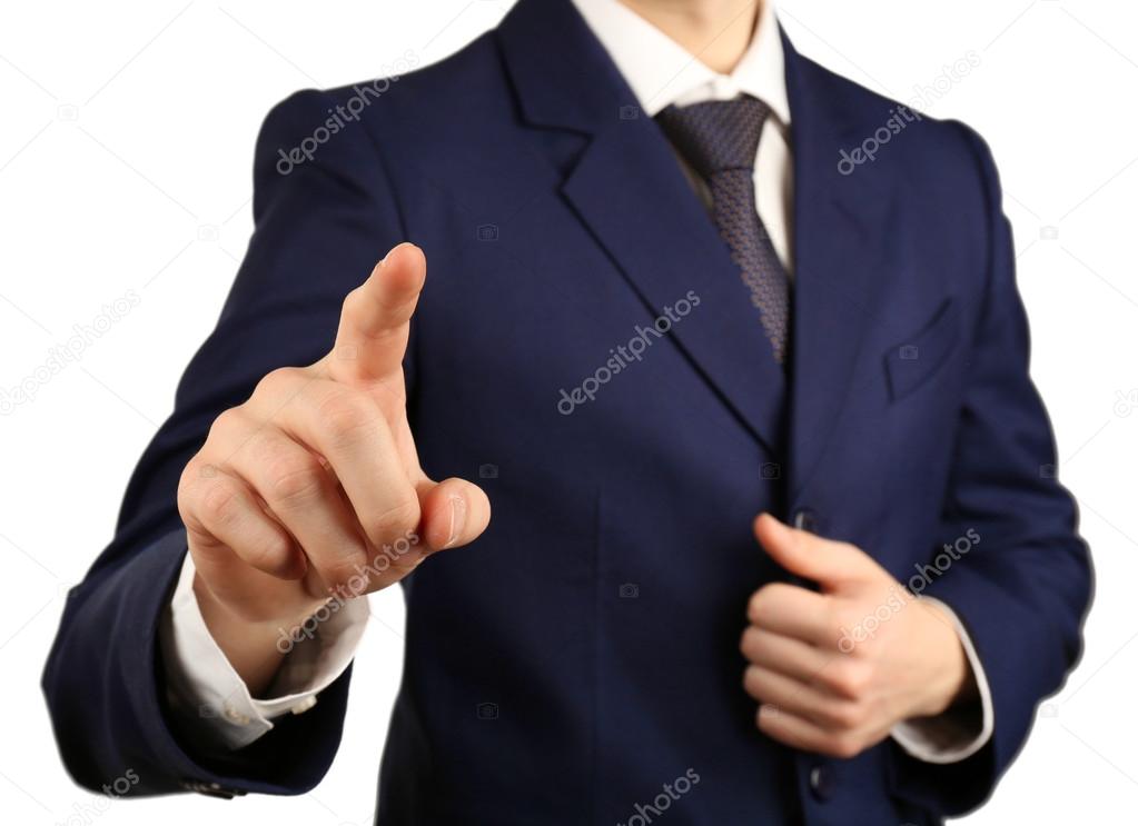 Empresario mano empujando pantalla, primer plano 2023