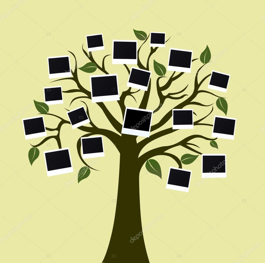 Big tree with photo cards on color background — Stock Photo ...