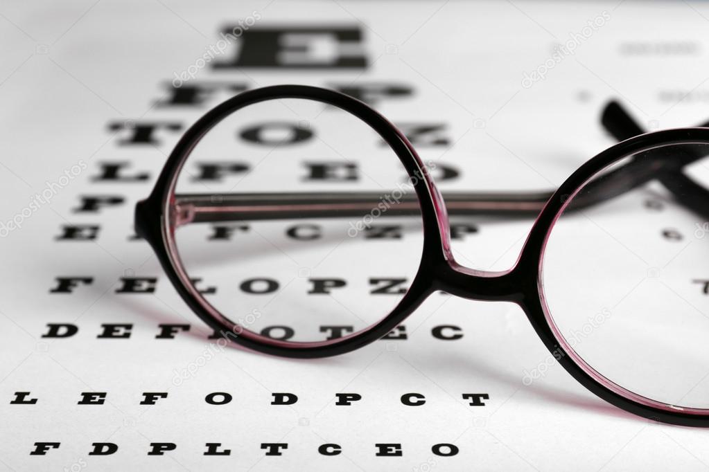 Glasses on eye chart Stock Photo by ©belchonock 64799669