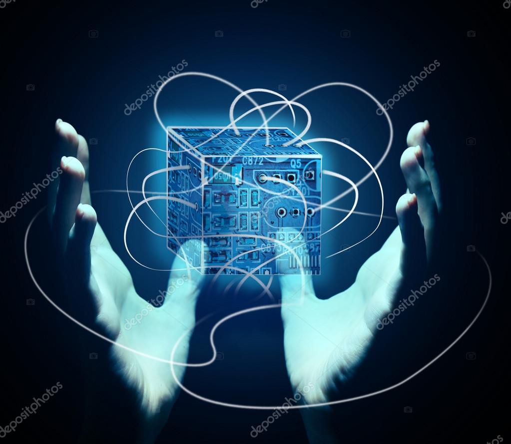 Hands with holographic projection, Future Projecting concept — Stock ...