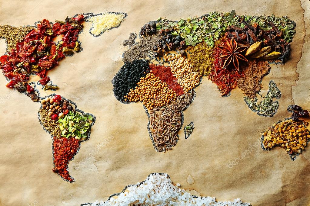 Map of world made from different kinds of spices, close-up — Stock ...