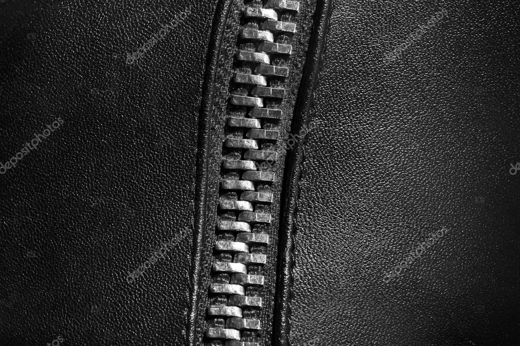 Black leather texture with metal zipper, closeup — Stock Photo ...