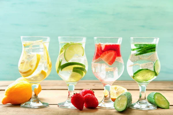 Glasses of different home made freshness healthy vitamin-fortified ...